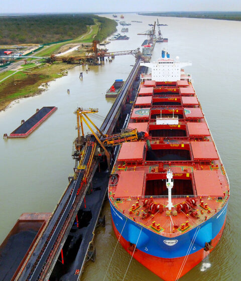 overhead view of barge docked at Host Davant